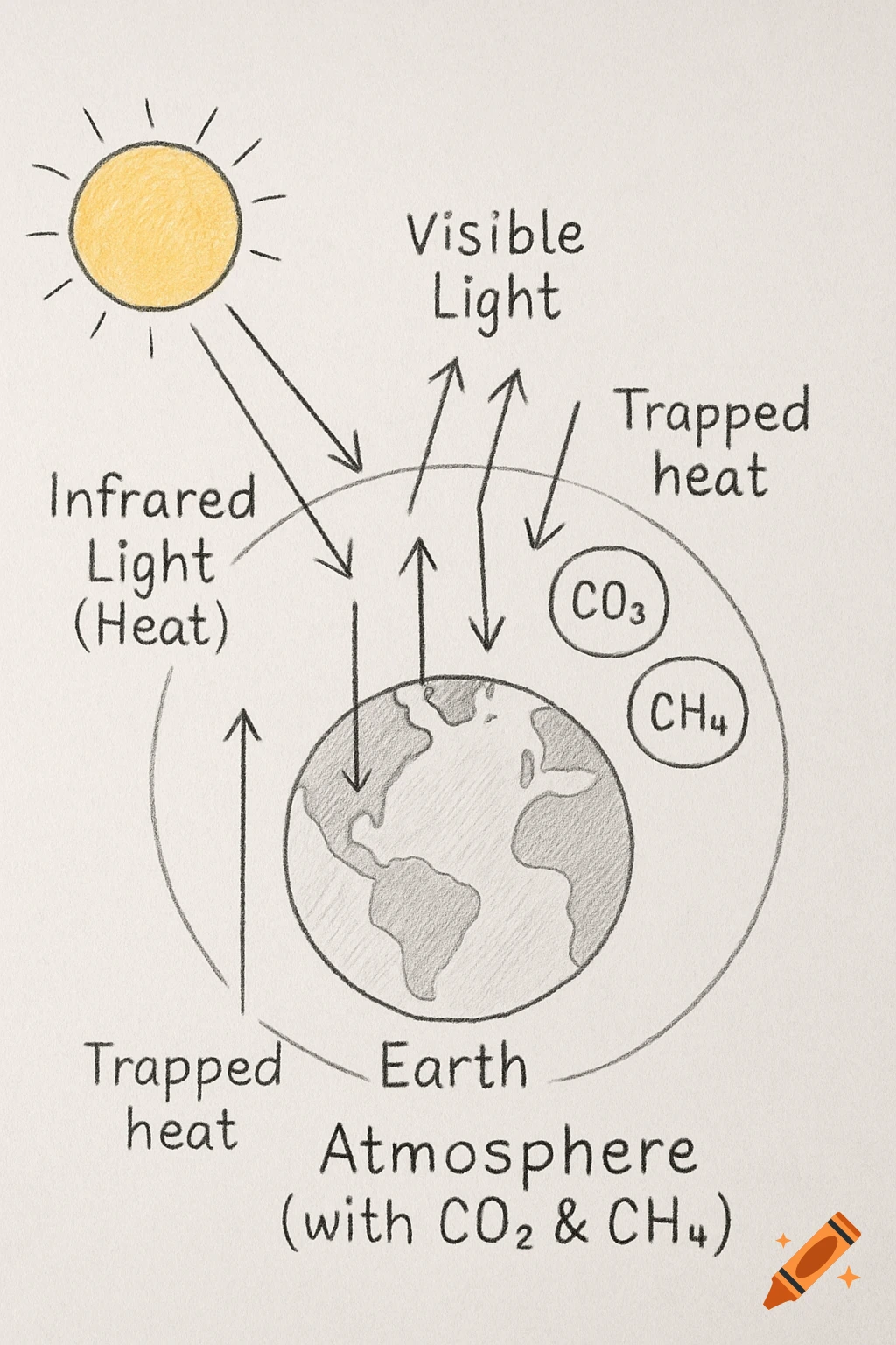 Hand-drawn diagram illustrating the greenhouse effect, showing sunlight ...