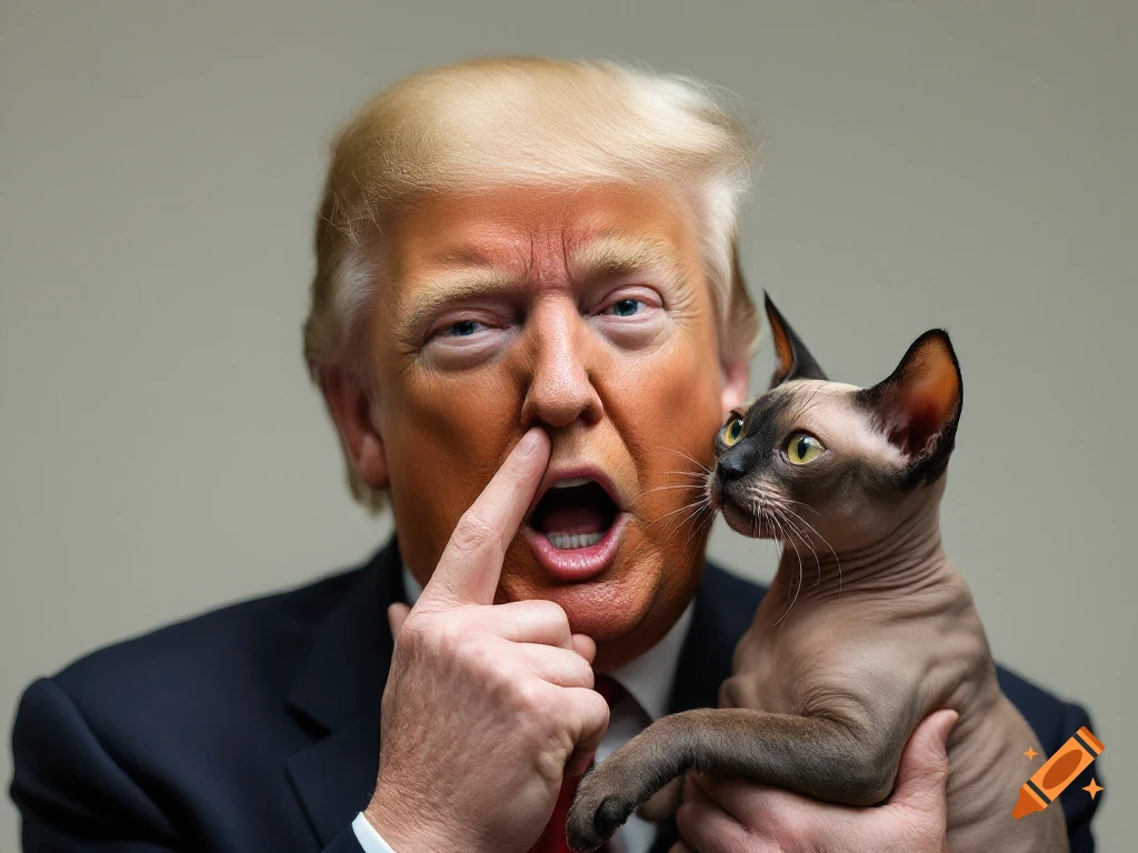 Photorealistic image of Donald Trump holding a hairless cat and ...