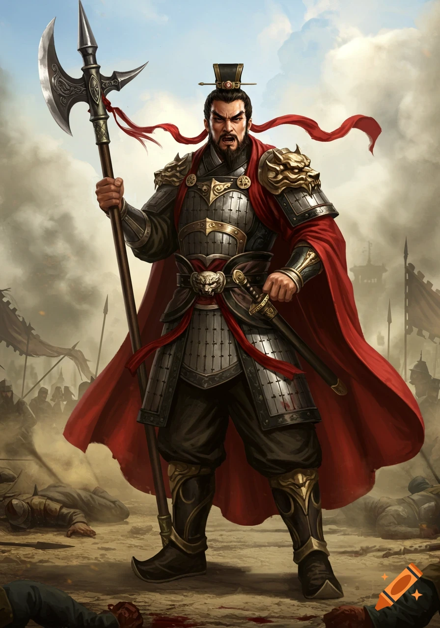 Illustration of a warrior in ornate armor holding a halberd on a ...