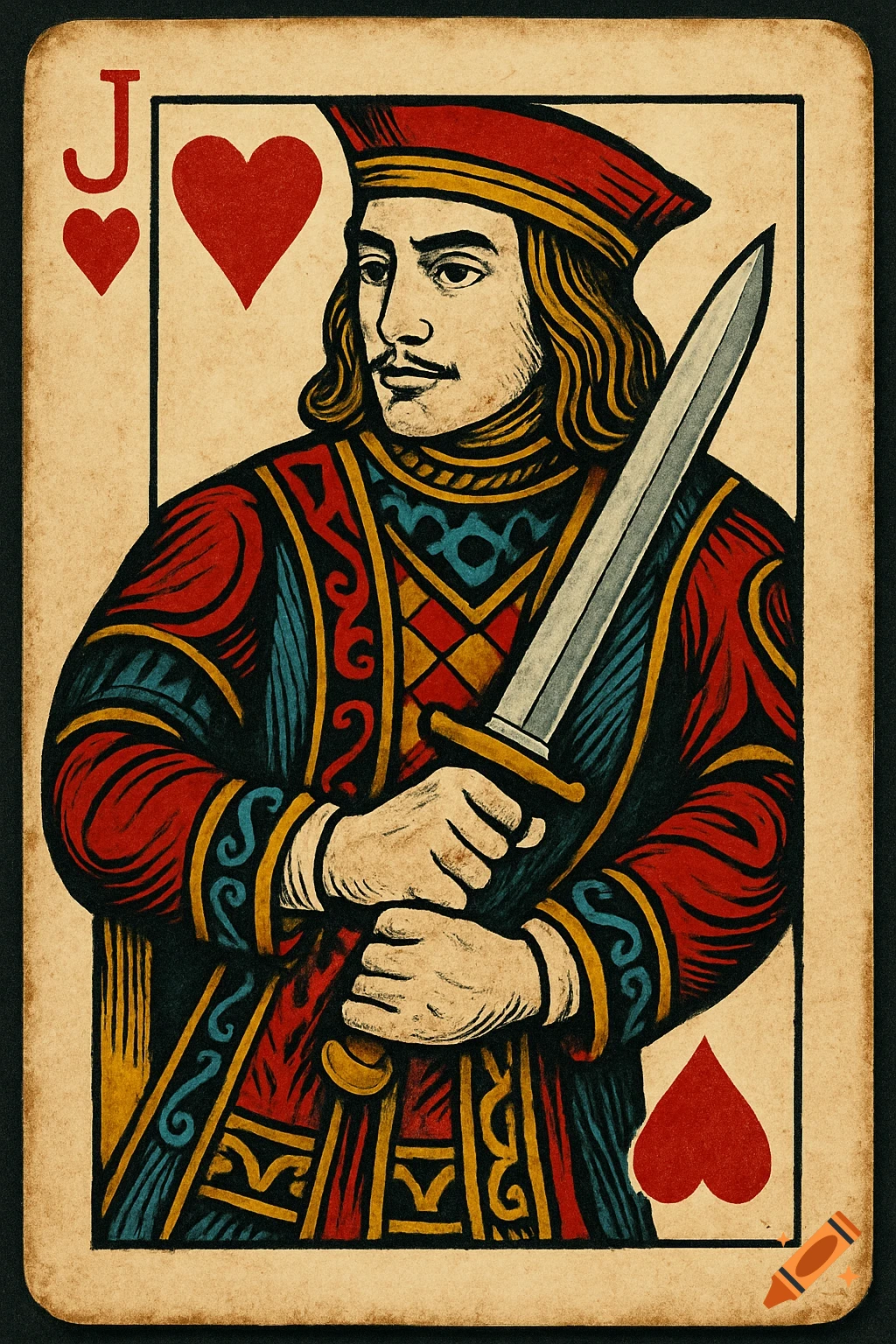 An aged illustration of a Jack of Hearts playing card, showing a man in ...