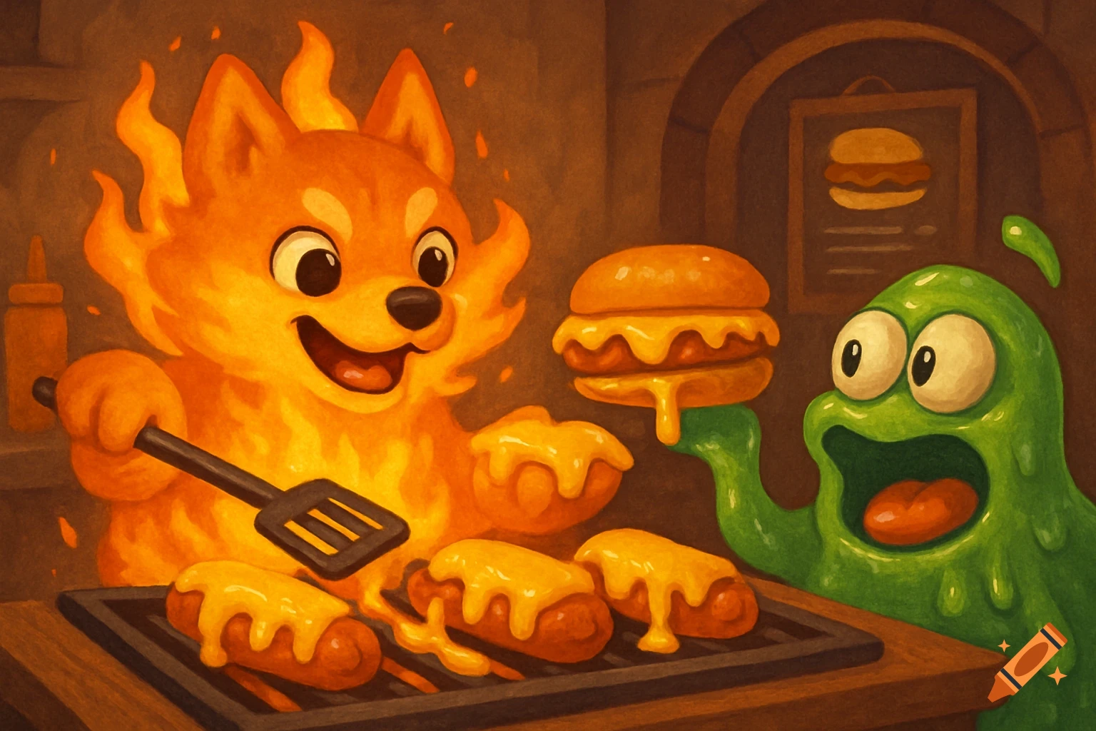 A cartoon fire dog grills hotdogs topped with cheese as a green slime ...