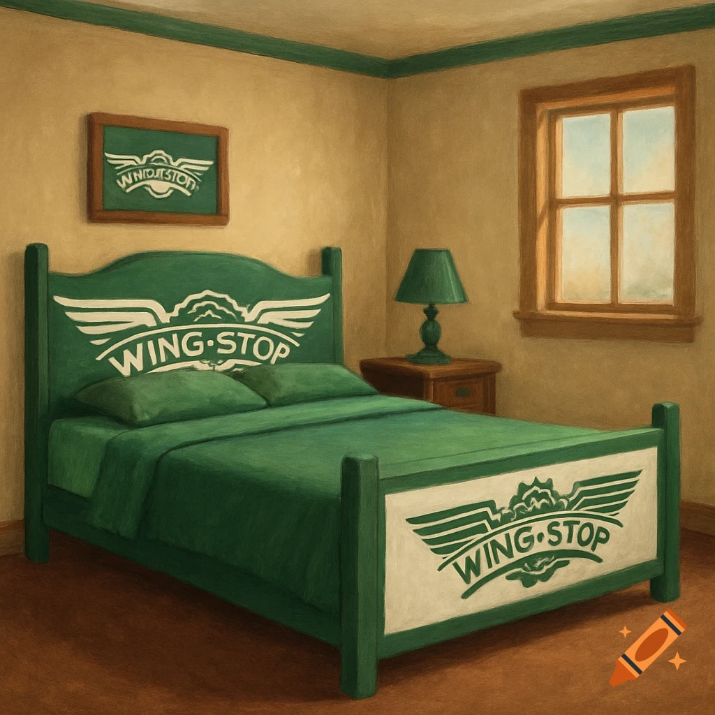 Painterly image of a green bed and framed picture with Wingstop logos ...