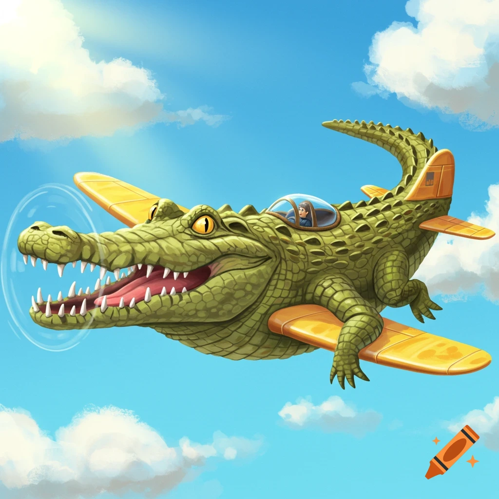 Cartoon illustration of a crocodile airplane with a pilot flying in the sky on Craiyon