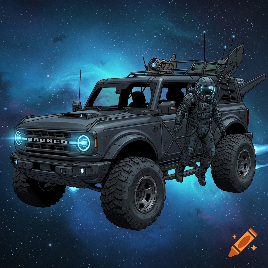 An astronaut floats next to a black Ford Bronco in space in an ...