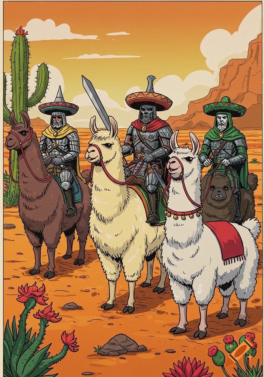 Illustration of armored knights wearing sombreros riding llamas through ...