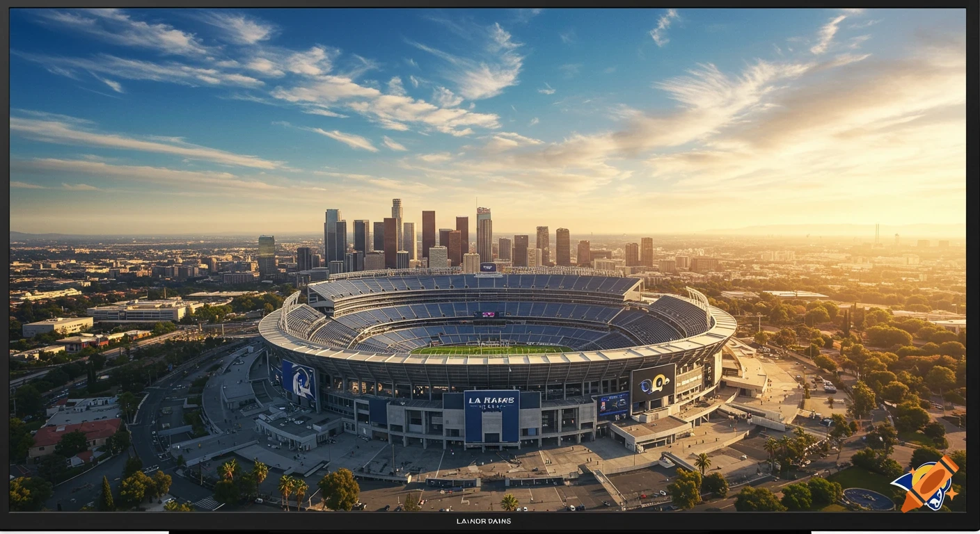 Aerial view of SoFi Stadium with the Los Angeles skyline at sunset. on ...