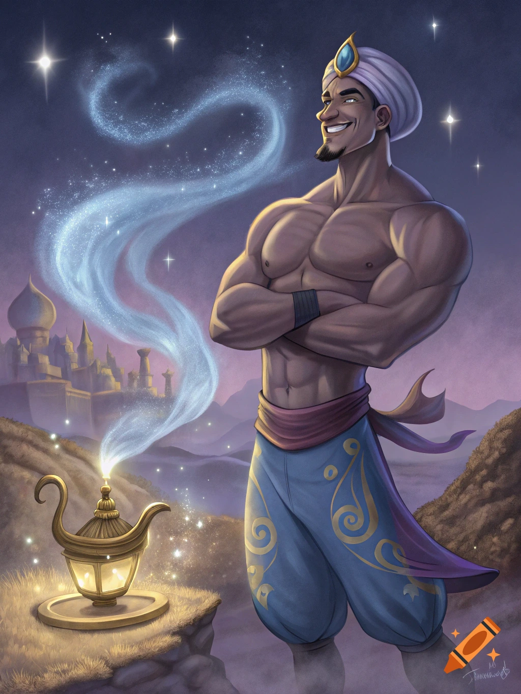 Cartoon illustration of a muscular genie standing by a magic lamp in a ...