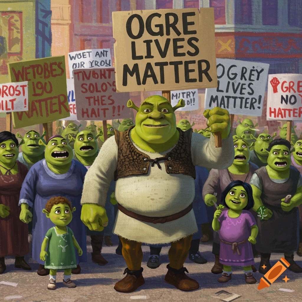 Shrek leading a protest of ogres holding signs that say "Ogre Lives ...