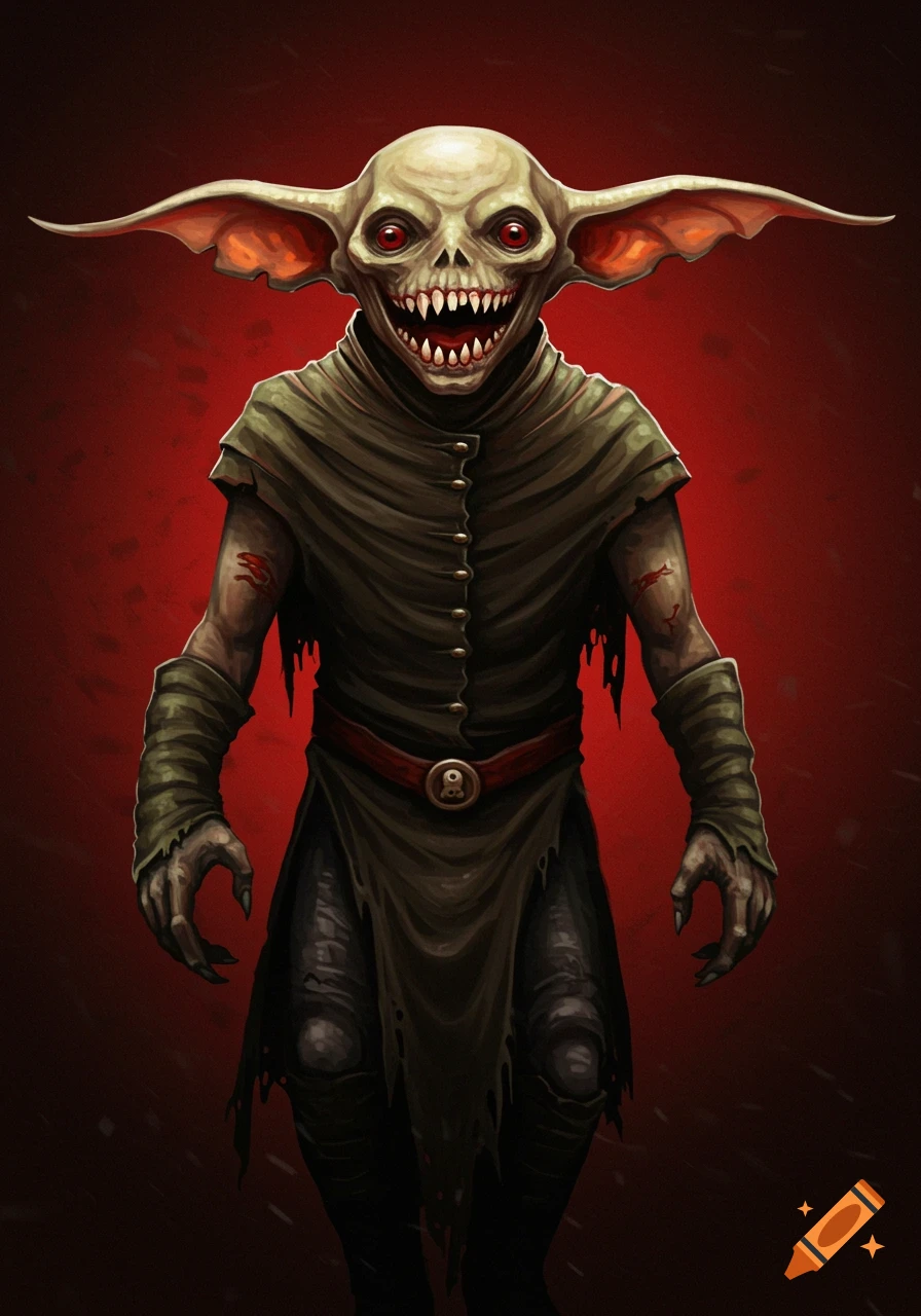 A scary, grinning creature with large ears, red eyes, sharp teeth, and ...