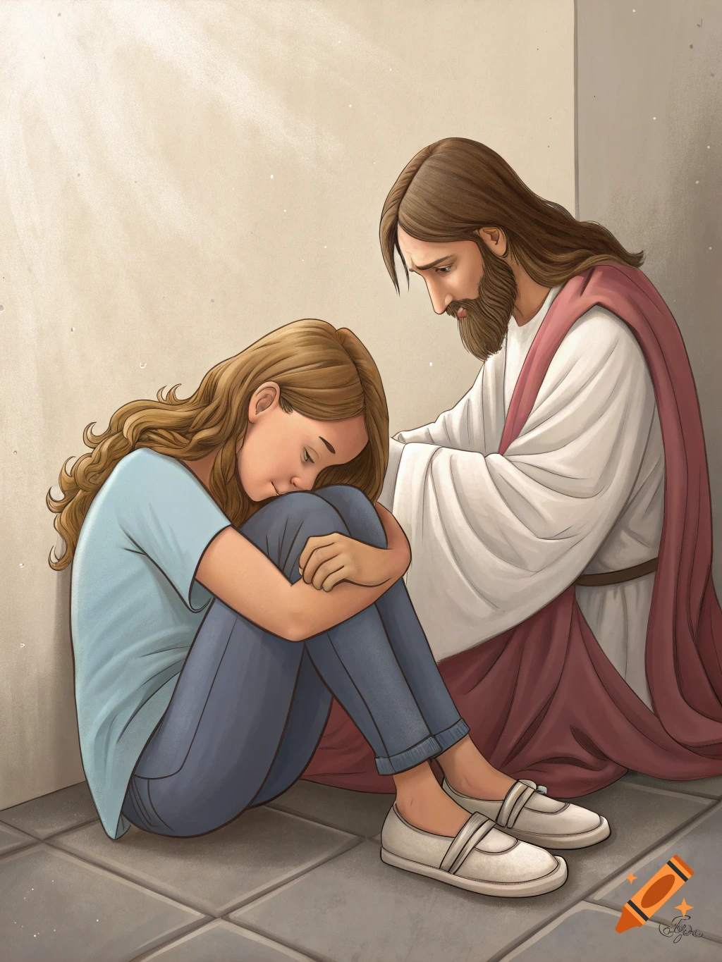 An illustration of Jesus Christ comforting a crying teenage girl. on ...