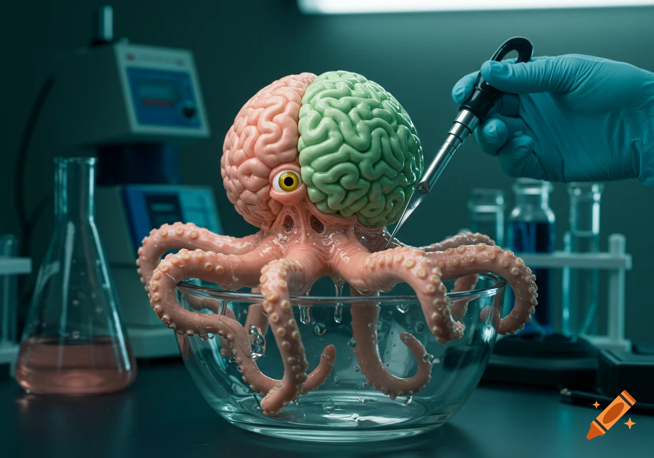 Photorealistic image of a brain-like creature with tentacles in a ...