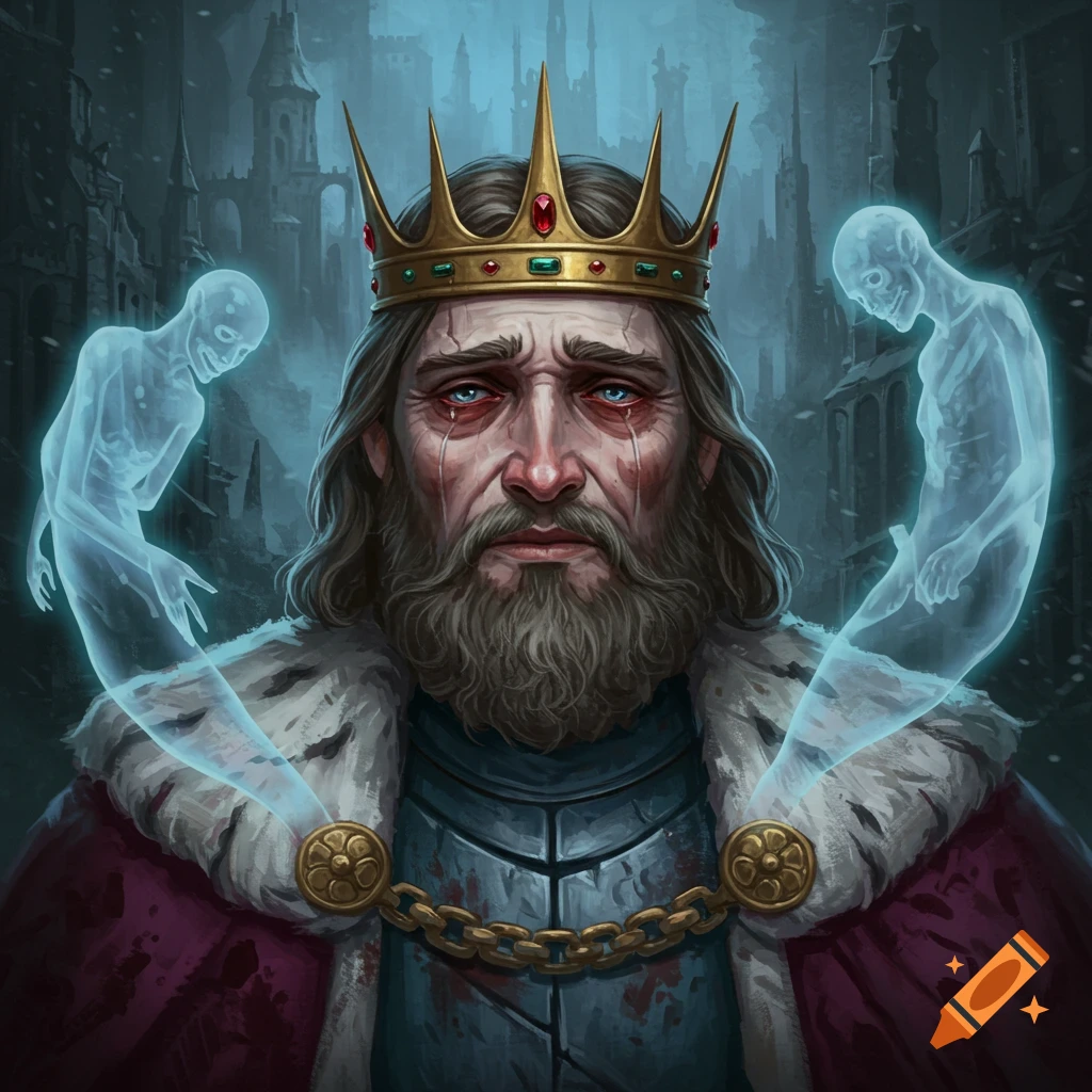 A sad king in a crown and armor cries as ghostly figures float beside ...