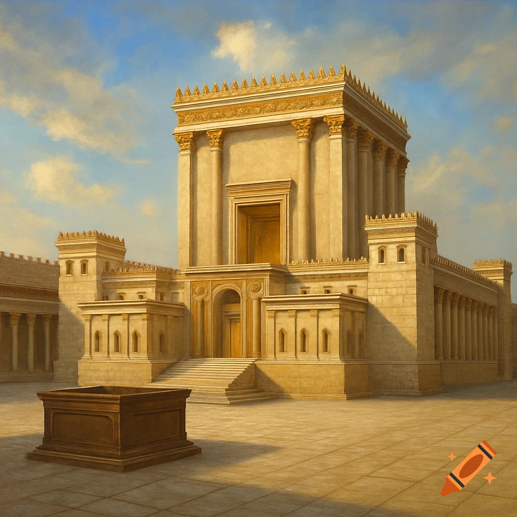 A grand stone temple with columns and tiered sections under a partly ...