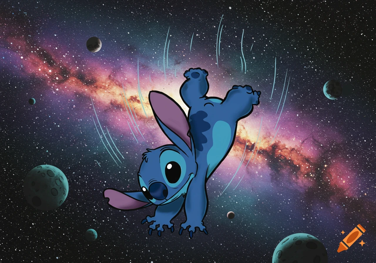 A blue cartoon character falls through space, with planets and a nebula ...