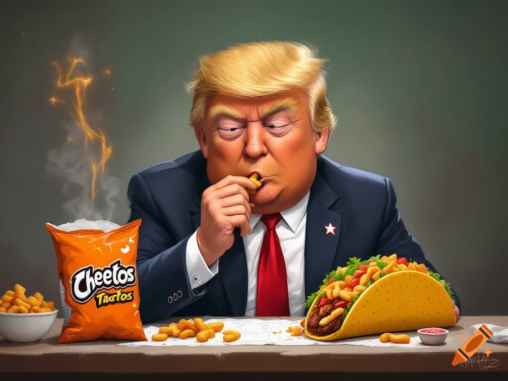 Illustration of a caricature of Donald Trump eating a Cheeto and a ...