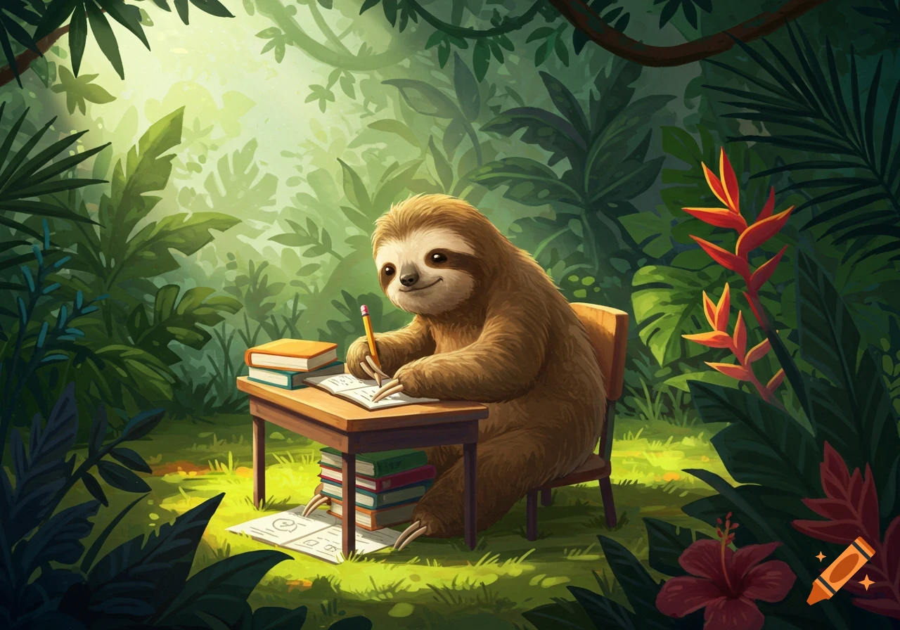 A cute sloth sits at a desk in a jungle, writing on paper with a pencil ...