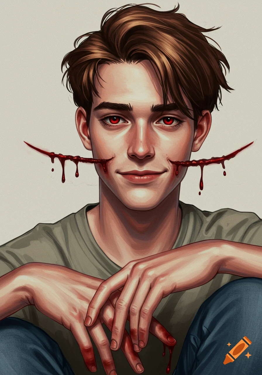 Illustration of a young man with red eyes, bloody cuts on his cheeks ...