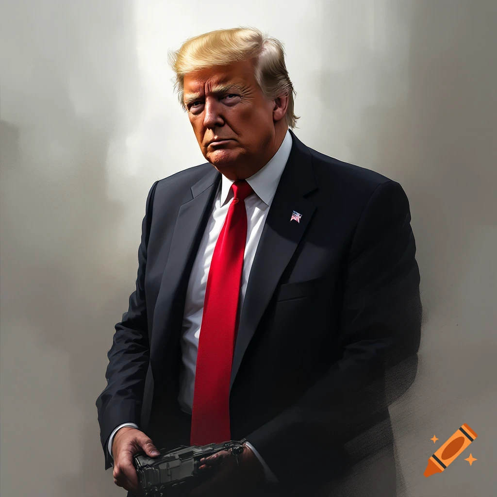Portrait of Donald Trump in a suit and red tie, holding a tactical ...