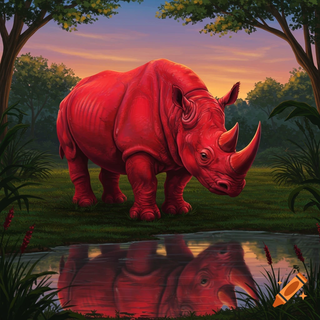 A ruby red rhinoceros stands by a pool of water in a forest at sunset ...