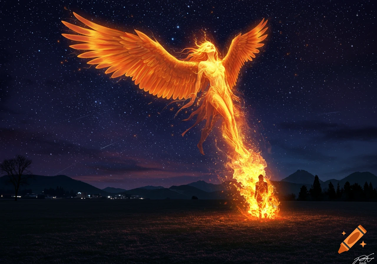 A fiery phoenix-like figure with large wings rises from a man engulfed ...