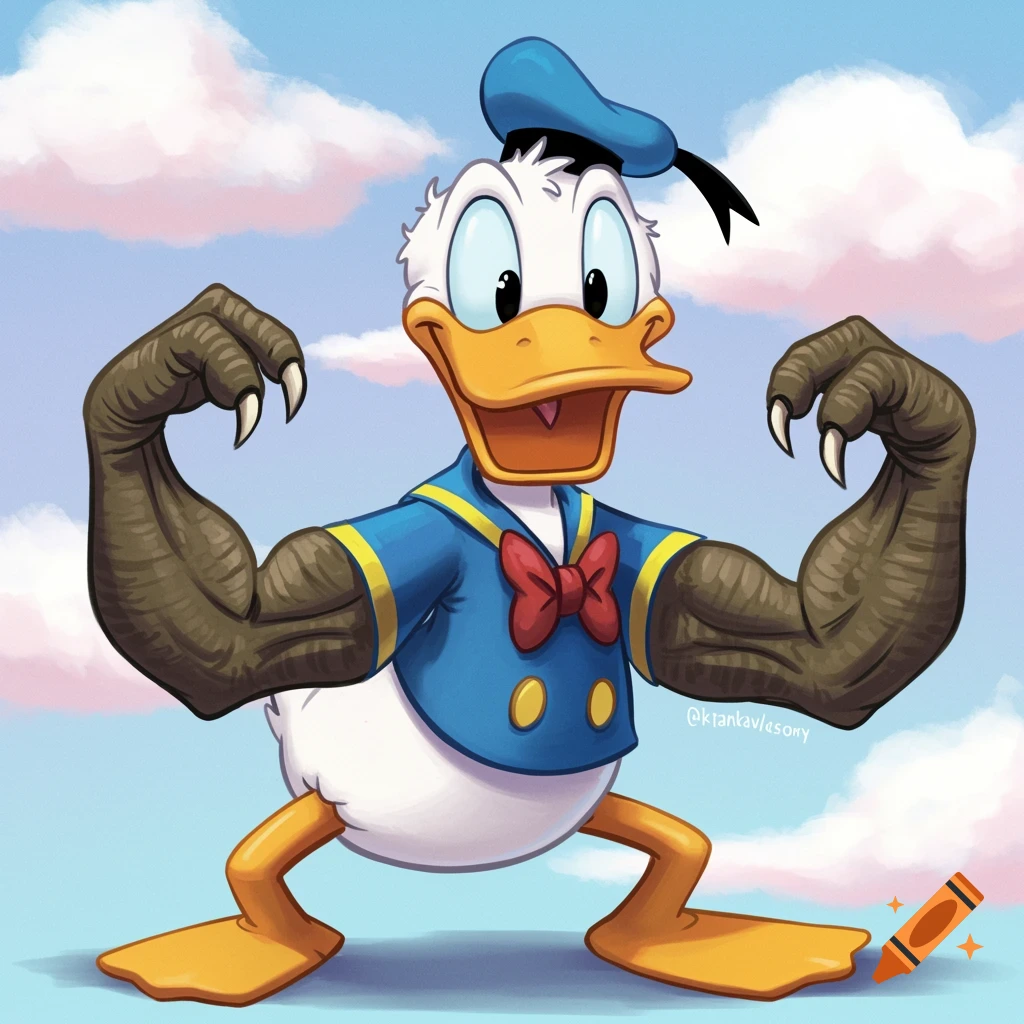 Donald Duck with large, scaly T-Rex arms flexing his biceps under a ...