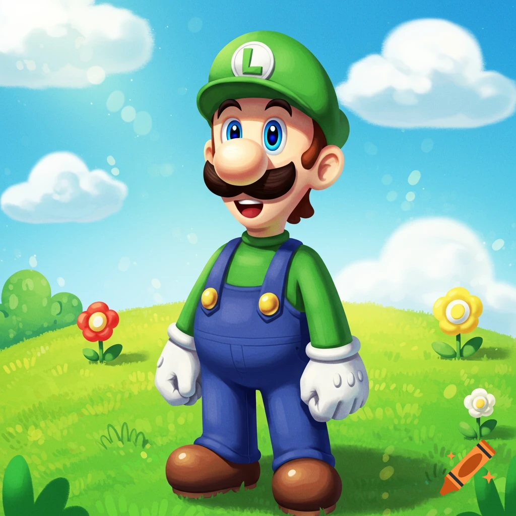 Luigi stands in a bright, grassy field under a sunny, cloudy sky with ...
