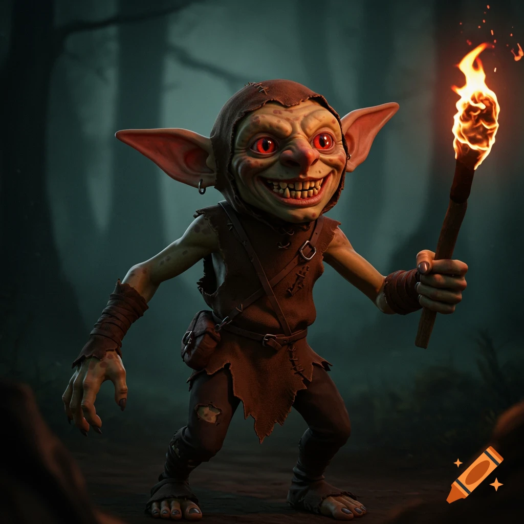 A grinning goblin holding a torch in a dark forest. on Craiyon