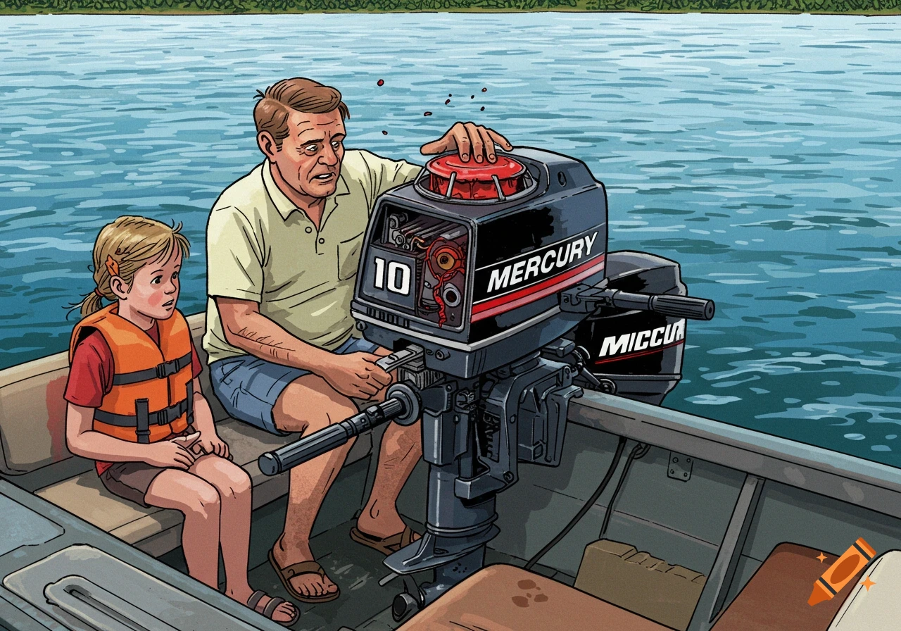 Illustration of a man and child in a boat with a broken outboard motor ...