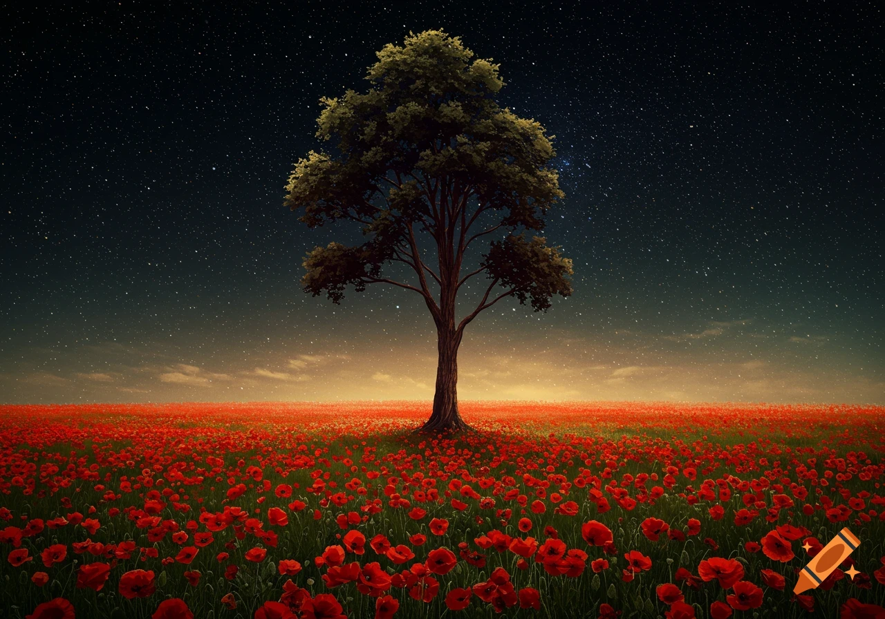 A single large tree stands in a vast field of bright red poppies under ...