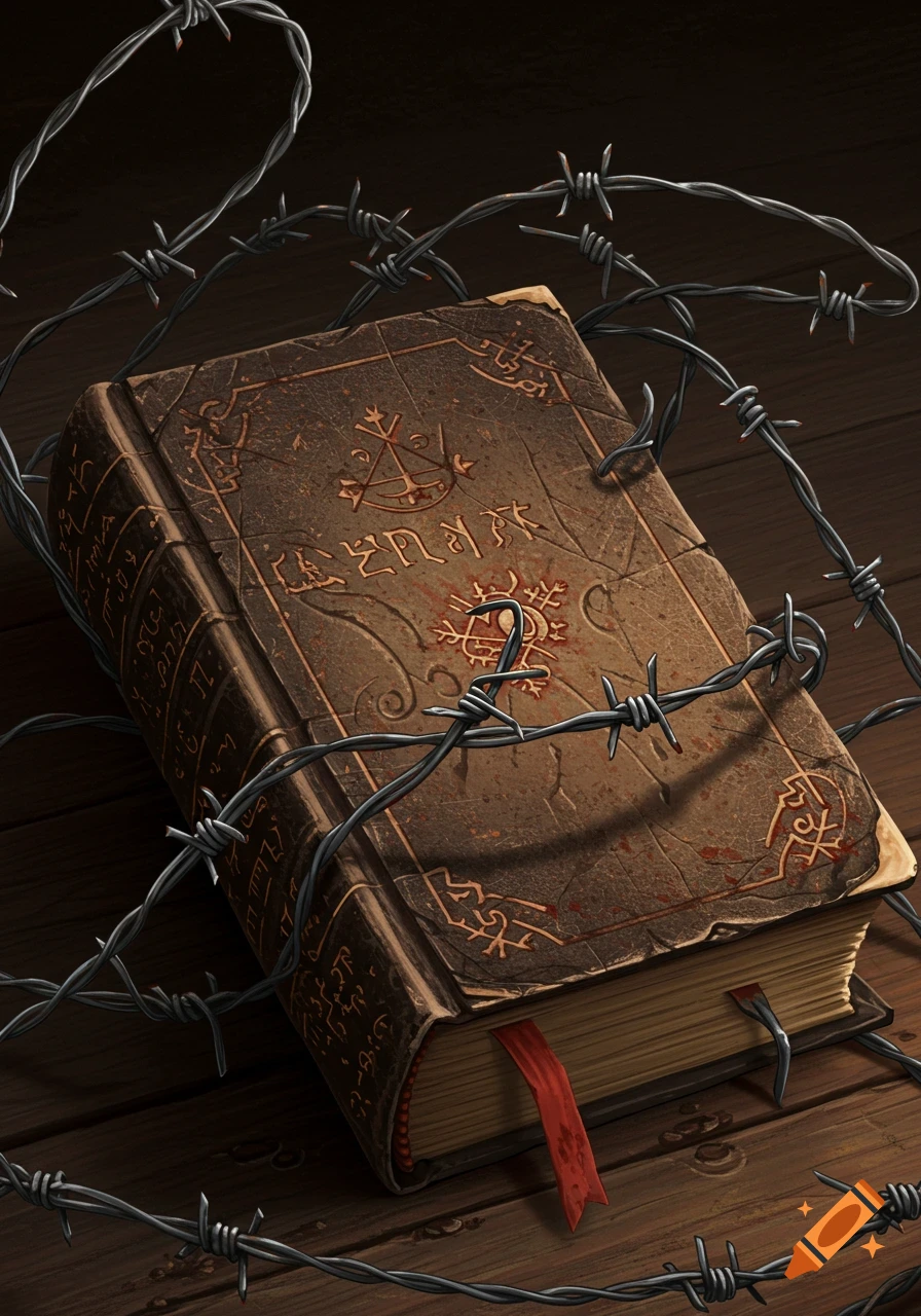 A dark, detailed image of an ancient book wrapped in barbed wire. on ...