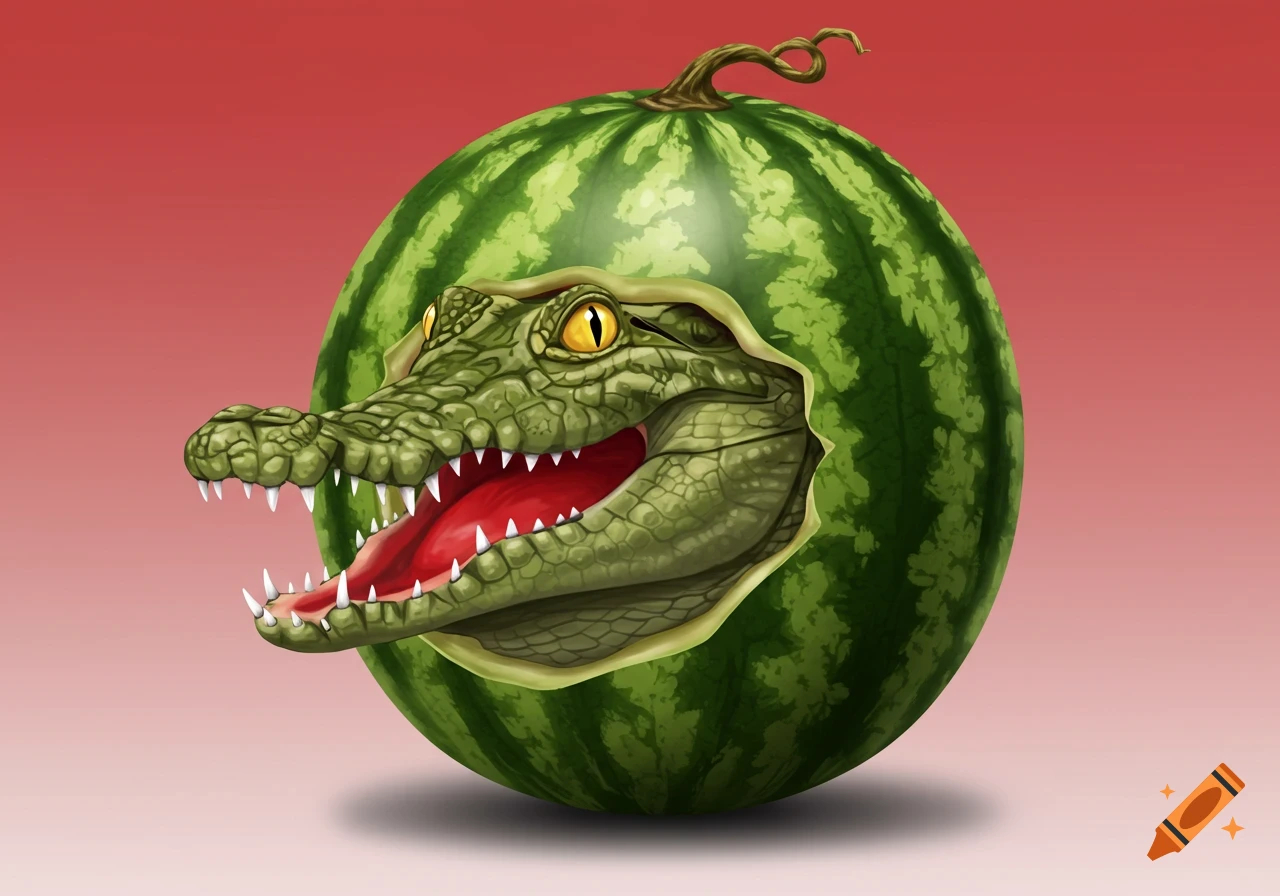An illustration of a crocodile head emerging from a watermelon. on Craiyon