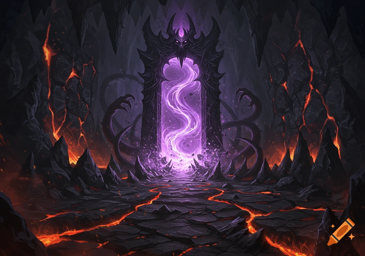 Dark fantasy illustration of a demonic gate with a swirling purple ...