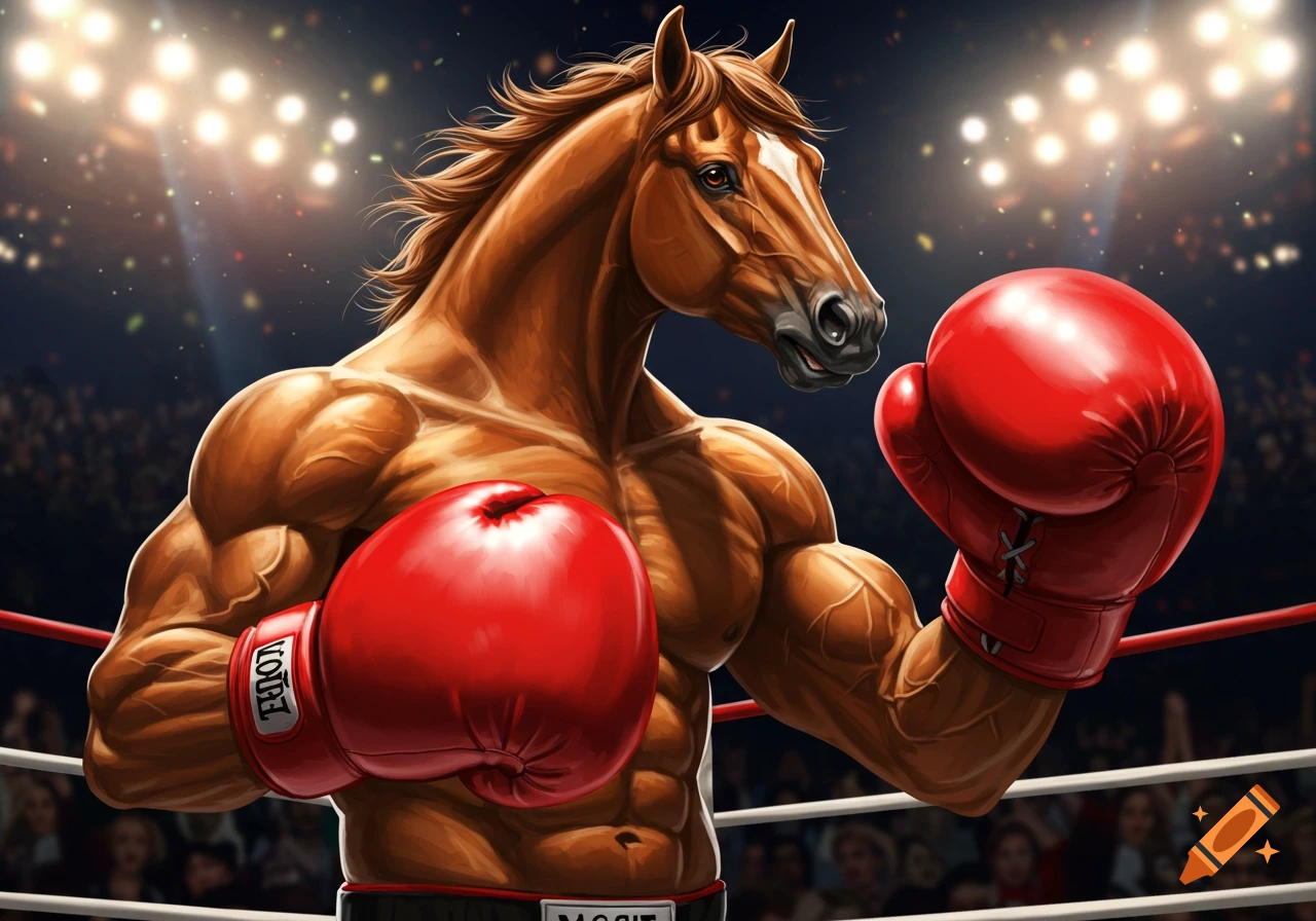Muscular horse wearing red boxing gloves stands in a boxing ring with ...