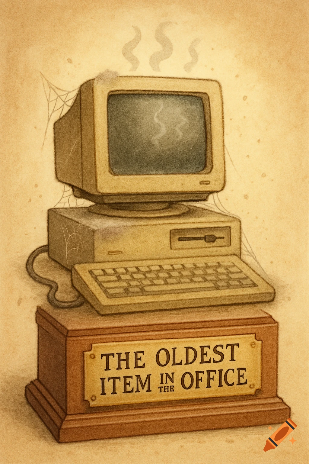 Vintage illustration of an old computer covered in dust on a plaque ...