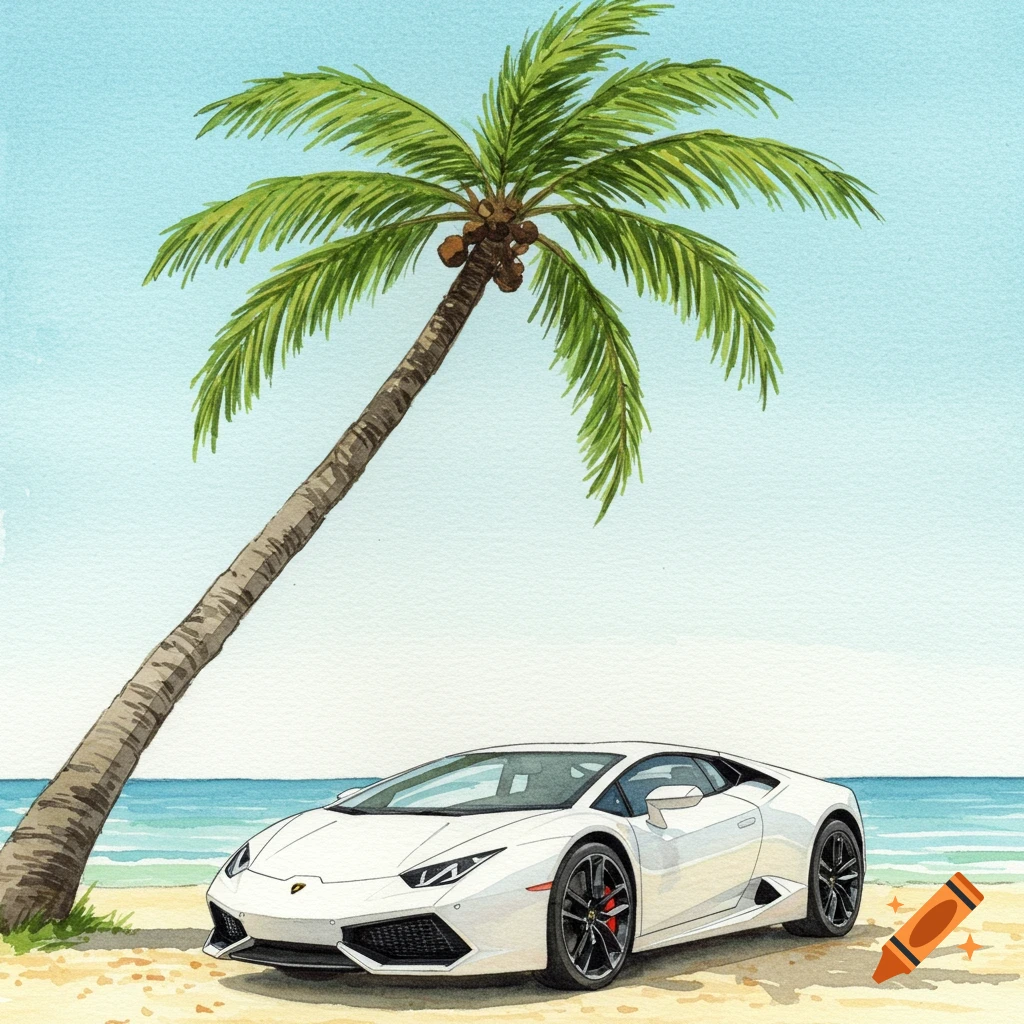 A white Lamborghini parked under a palm tree on a sandy beach, painted ...