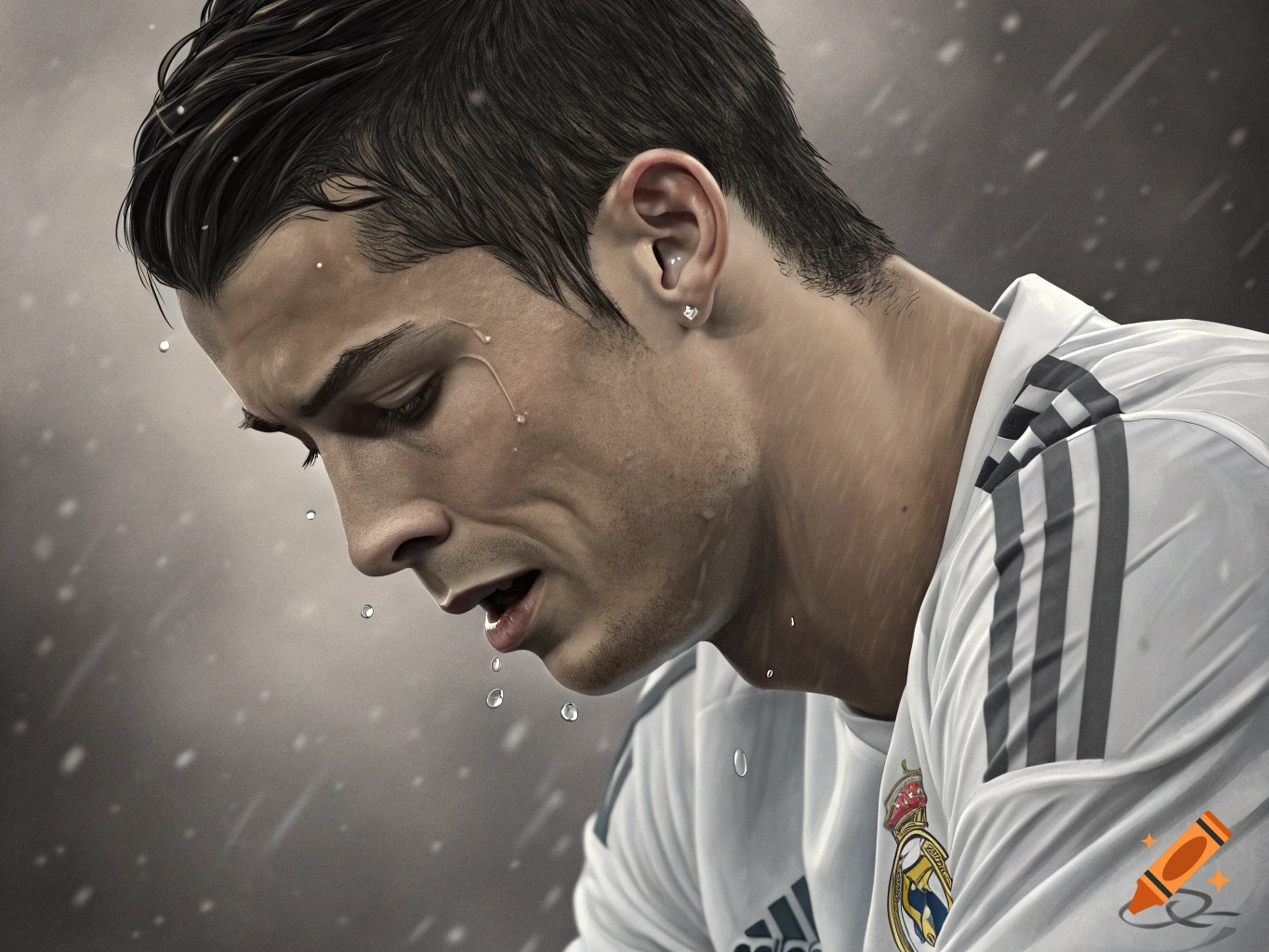 Close-up portrait of Cristiano Ronaldo crying in the rain while wearing ...
