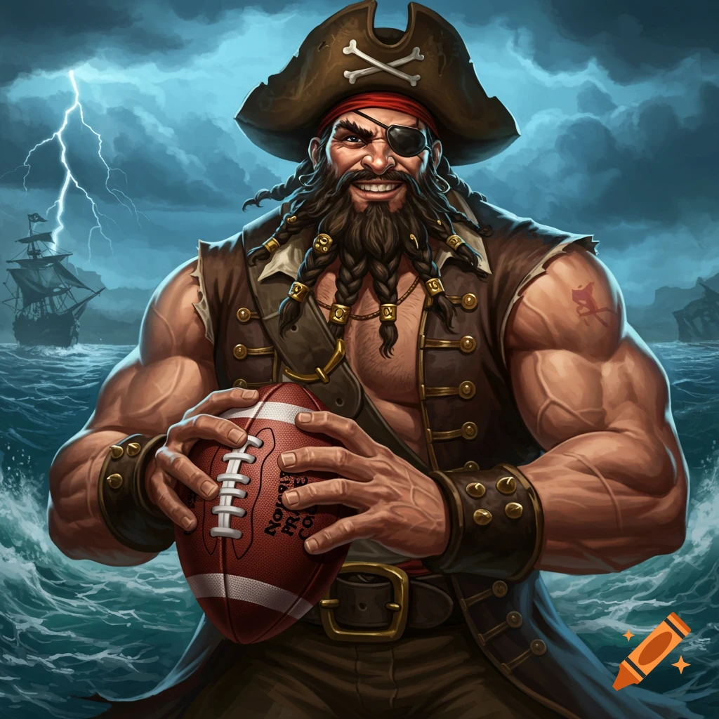 Muscular pirate holding a football on a stormy sea, lightning strikes ...