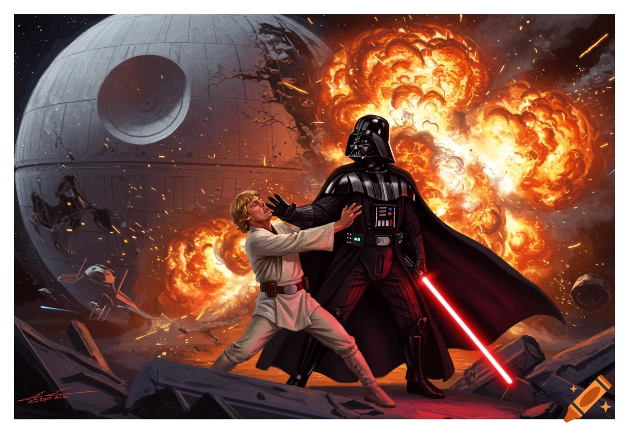 Darth Vader and Luke Skywalker duel in front of the exploding Death ...