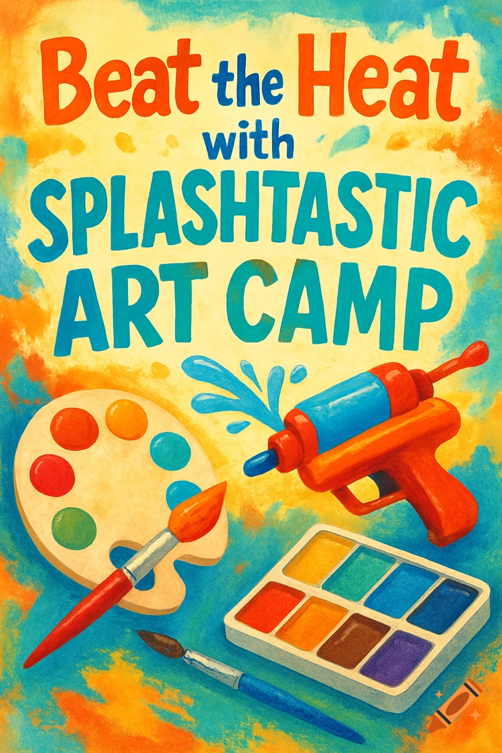 Colorful illustrated poster for Splashtastic Art Camp with text, paint ...