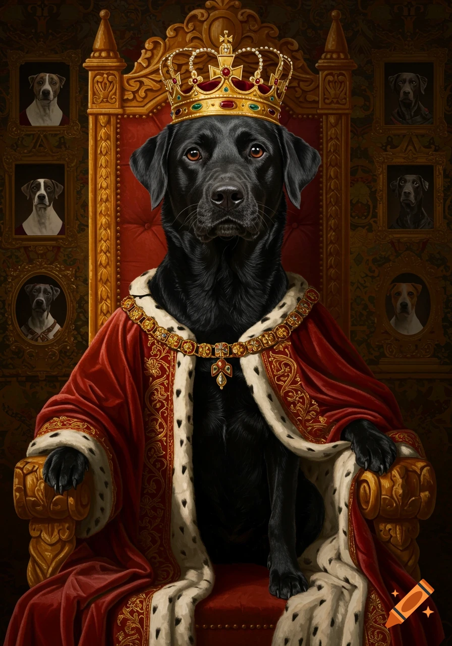 A majestic black labrador dog wears a golden crown and red regal robe ...