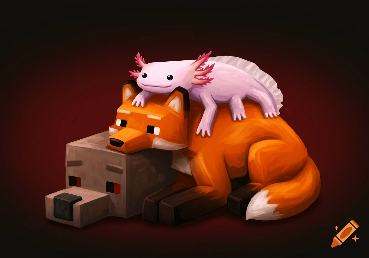 Minecraft sniffer, fox, and axolotl laying in a pile, illustration ...
