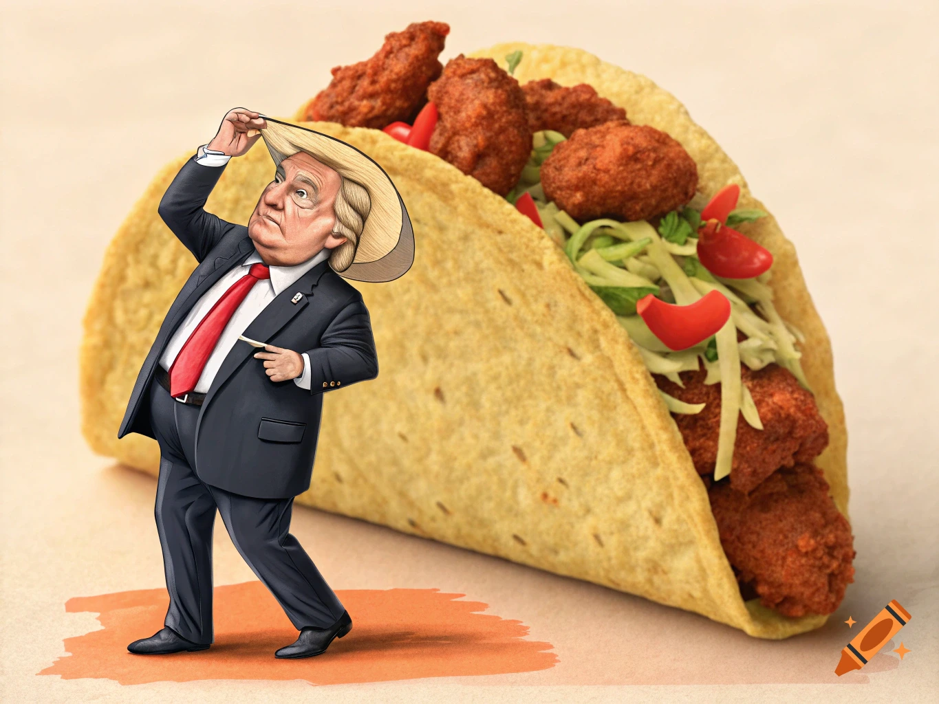 Cartoon illustration of Donald Trump next to a large taco filled with ...