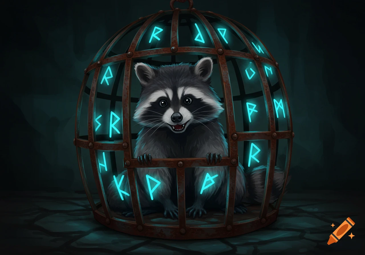 A raccoon sits inside a cage adorned with glowing blue magical runes ...