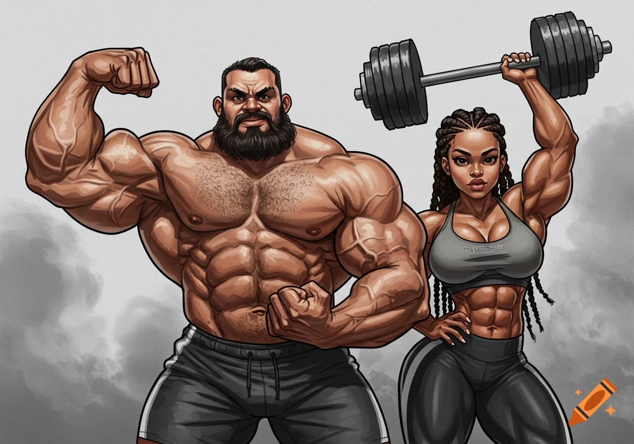 Stylized illustration of a muscular man and woman bodybuilder posing ...