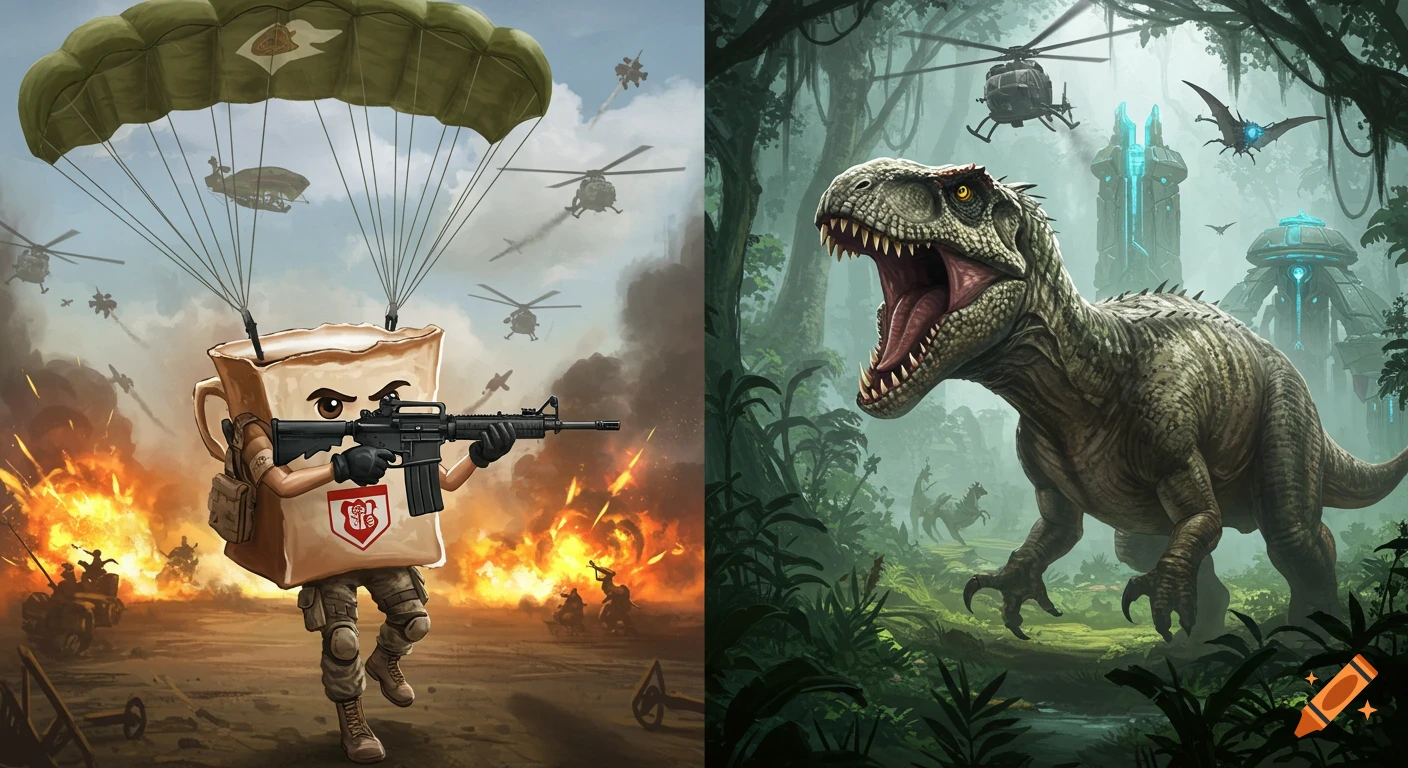 Split image: teabag soldier parachuting into a warzone on the left, and ...