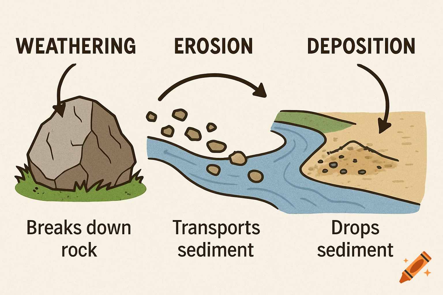 A simple diagram illustrating weathering, erosion, and deposition of a ...