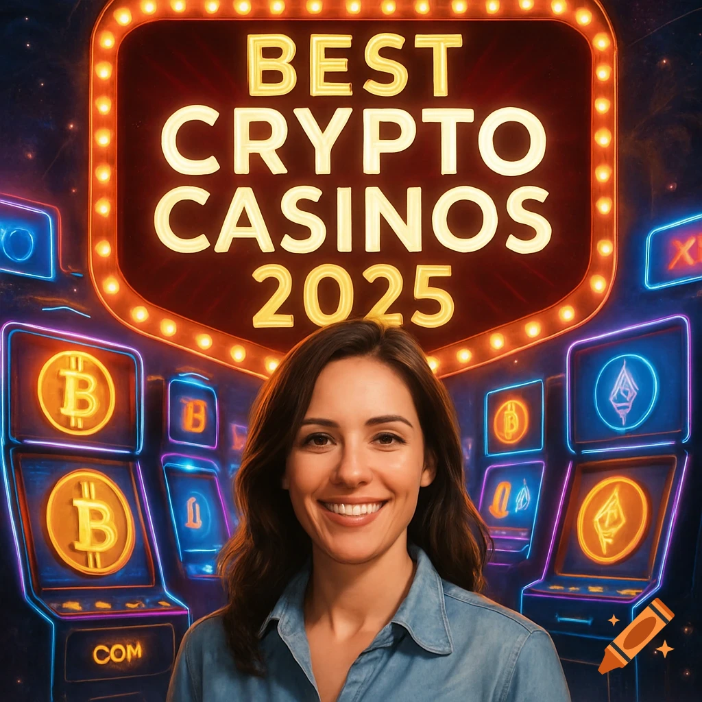 Smiling woman in front of crypto casino slot machines with 'Best Crypto Casinos 2025' sign. on ...