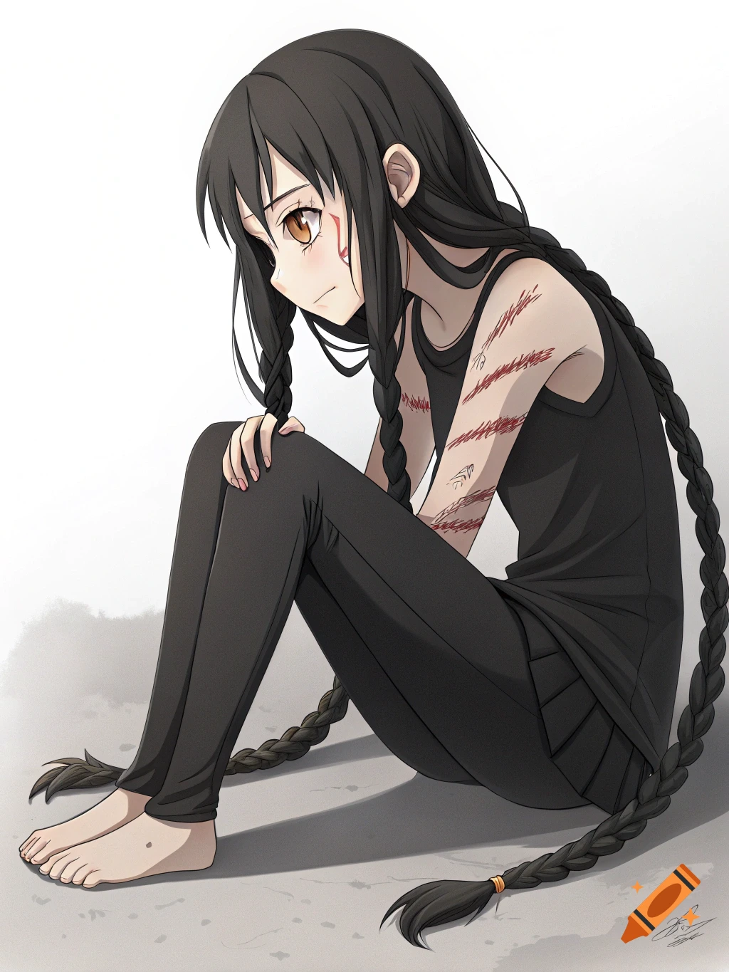 Anime illustration of a girl with long black braids, black tank top ...