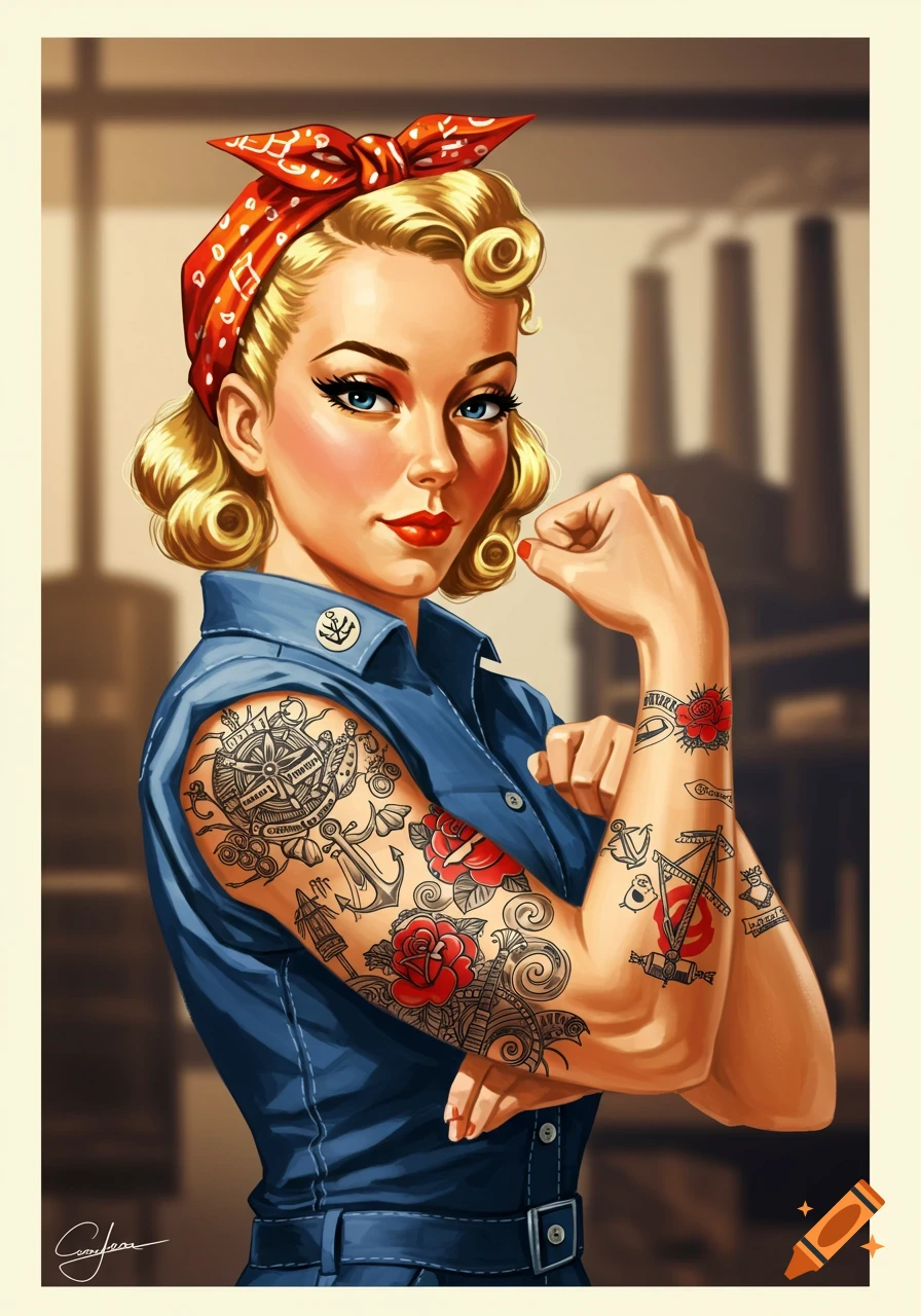 Illustration of Rosie the Riveter flexing, showing many tattoos, in pin ...