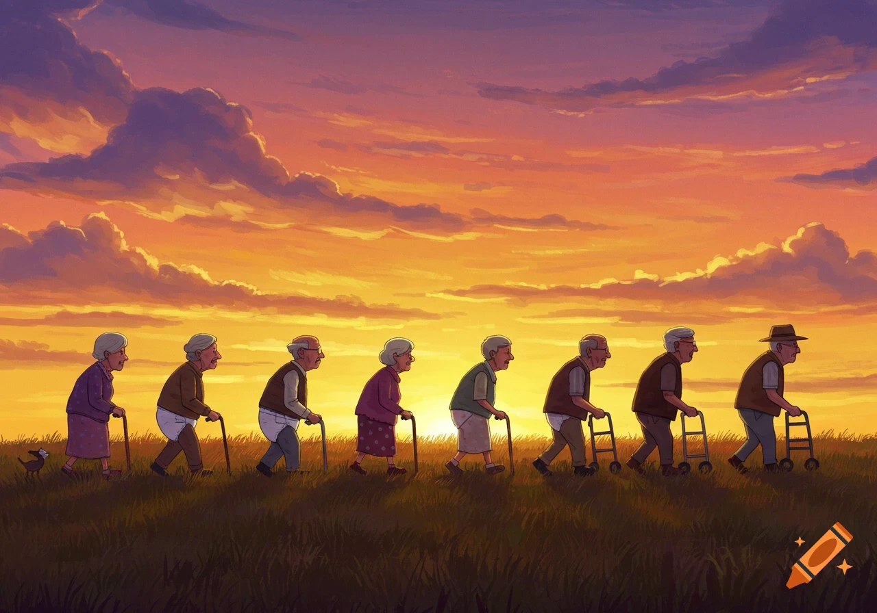 Illustration of a line of elderly people walking with canes and walkers ...